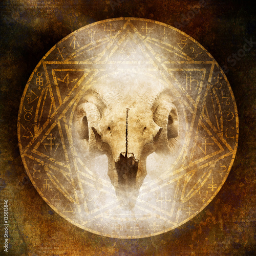 Demon Ritual with a satanic goat-horned ram skull materialising within ...