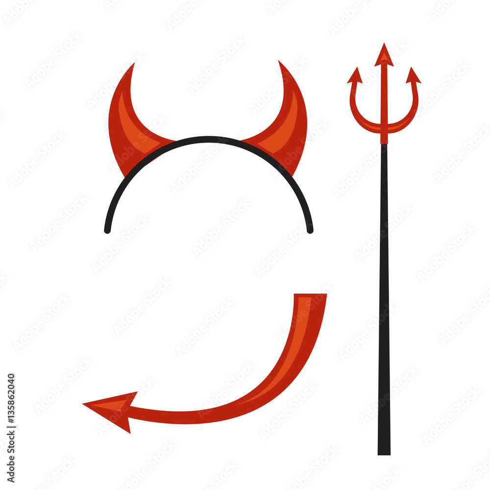 Devil horns, trident, mantle and tail isolated on white background ...