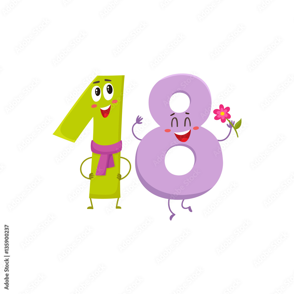Cute and funny colorful 18 number characters, cartoon vector ...