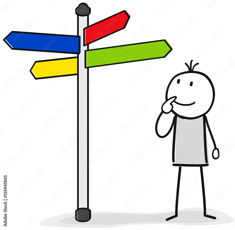 Figur denkt über den richtigen Weg nach am Wegweiser Schild Stock ...