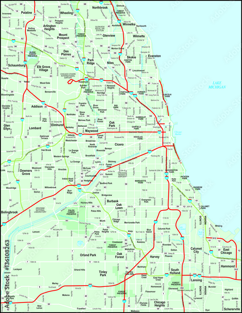 Chicago Metro Map with Major Roads Stock Vector | Adobe Stock