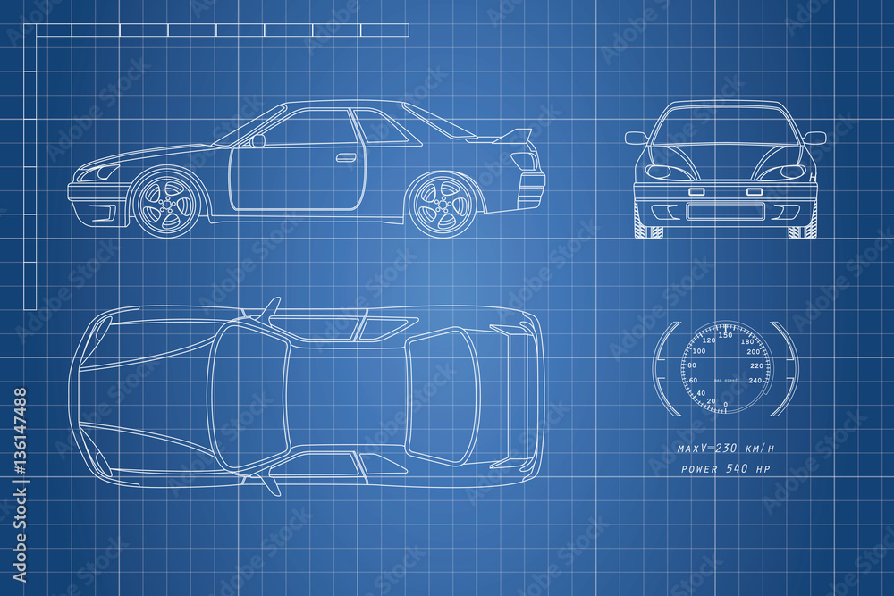 Drawing of the car on a blue background. Top, front and side view. The ...