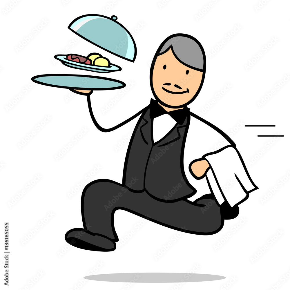 Schneller Cartoon Kellner Läuft Mit Tablett - Stock - GamesAgeddon