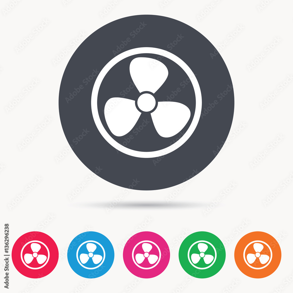 Ventilation icon. Air ventilator or fan symbol. Colored circle buttons ...