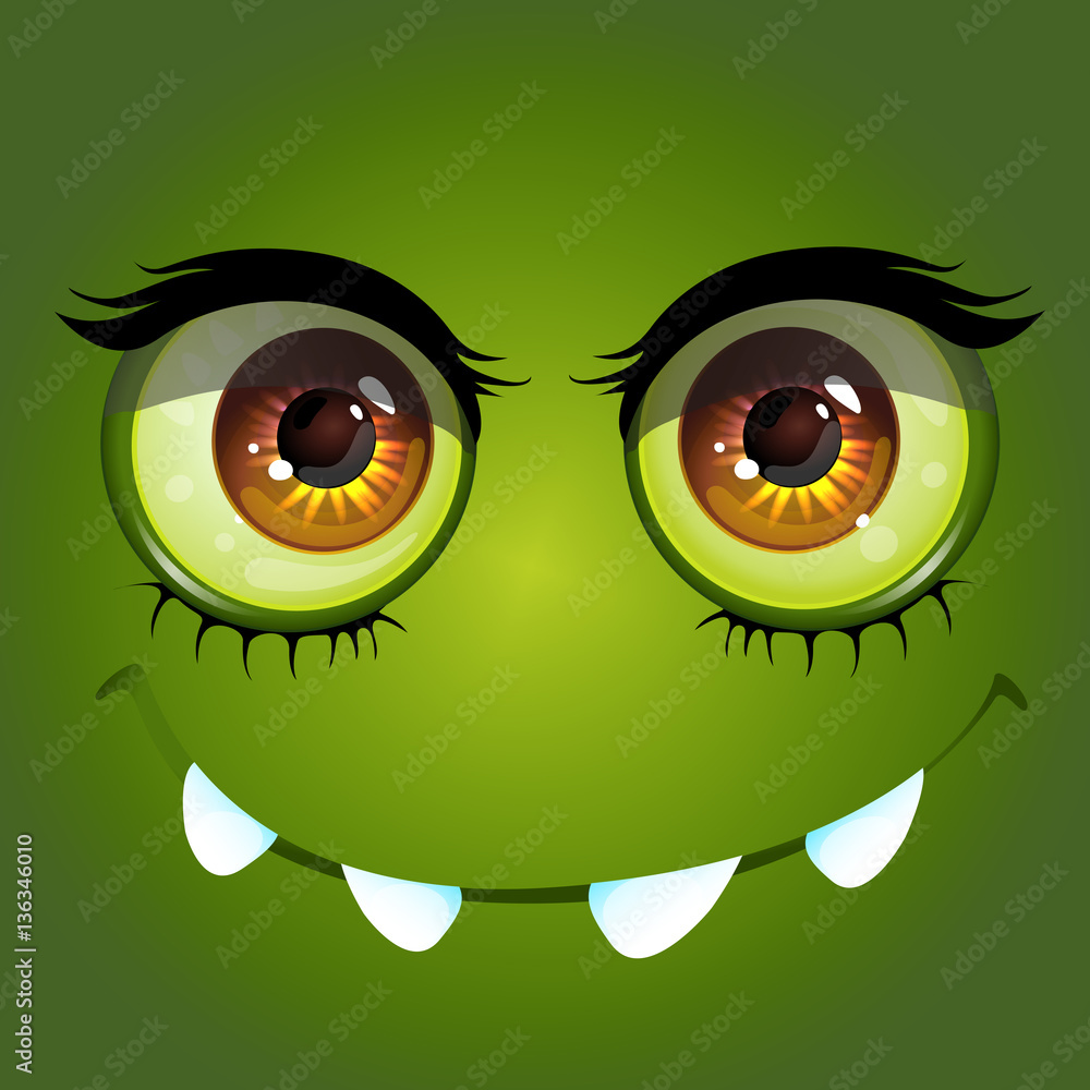 Cartoon anime monster with big toothy smile and long eyelashes Vector ...