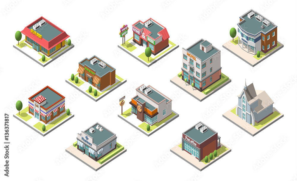 Vector isometric buildings set. Isolated on white background Stock Vector | Adobe Stock