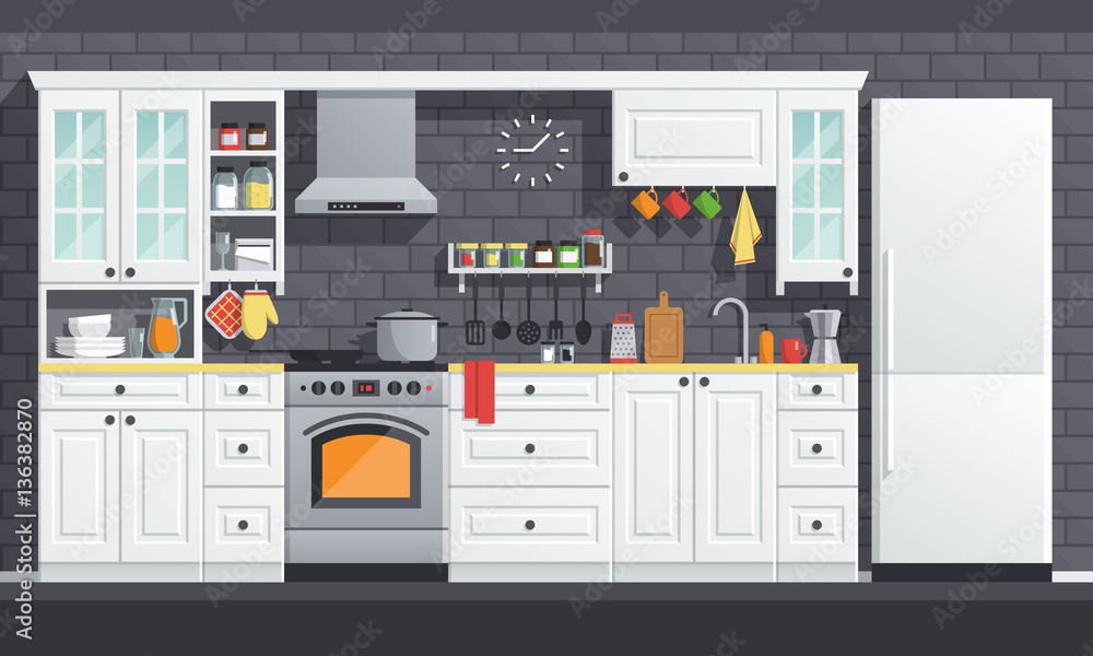 Flat kitchen room vector illustration. indoor kitchen Interior set ...