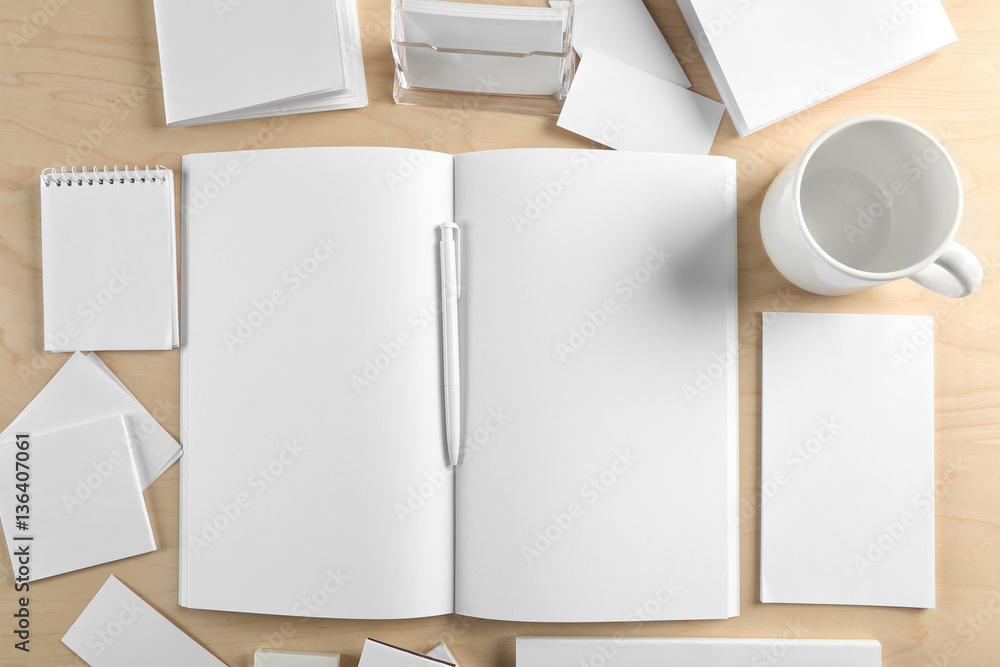 Blank office supplies on wooden background Stock Photo | Adobe Stock