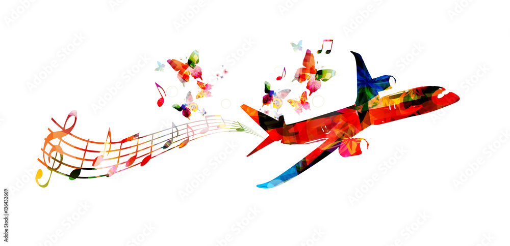 Colorful airplane with music notes and butterflies vector illustration ...