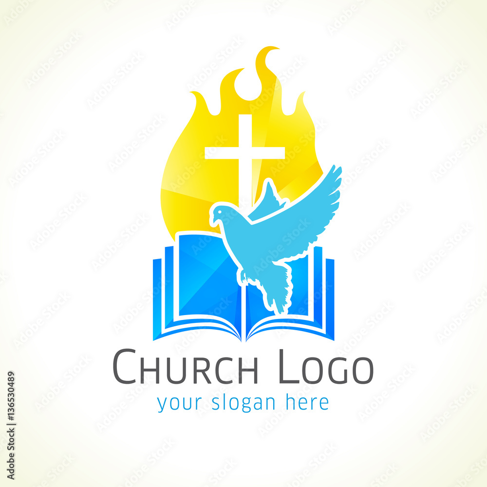 Christian church vector logo. Golden glowing crucifix, fire, dove ...