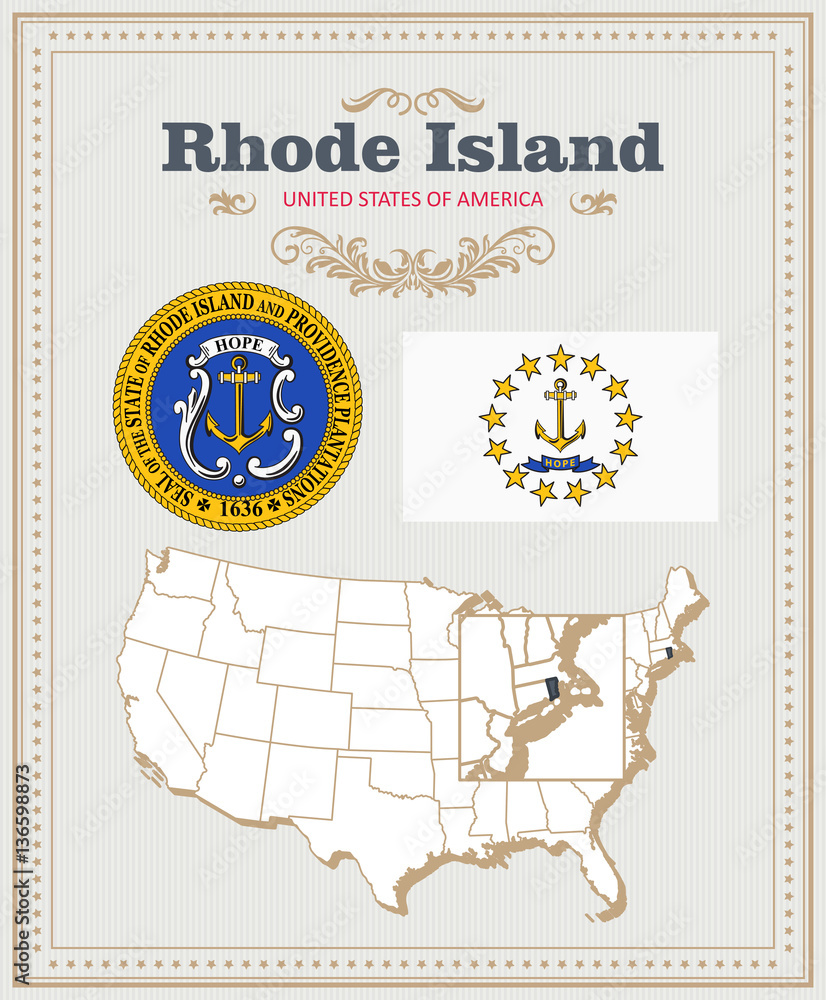 High detailed vector set with flag, coat of arms, map of Rhode Island ...