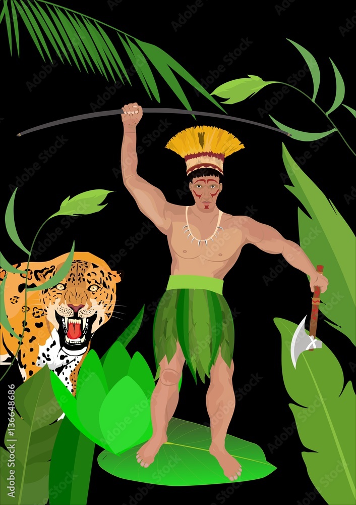 Amazonian indian on jungle background Stock Vector | Adobe Stock