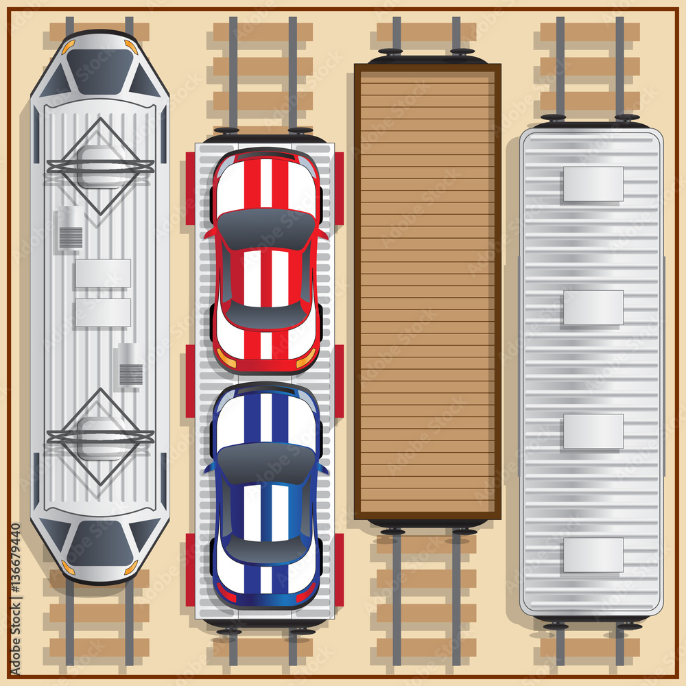 Railway locomotive and wagons. View from above. Vector illustration ...