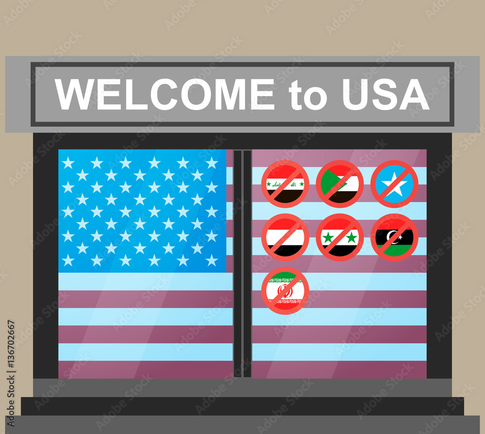 American Flag for entrance doors with signs banning flags of Iraq, Iran ...