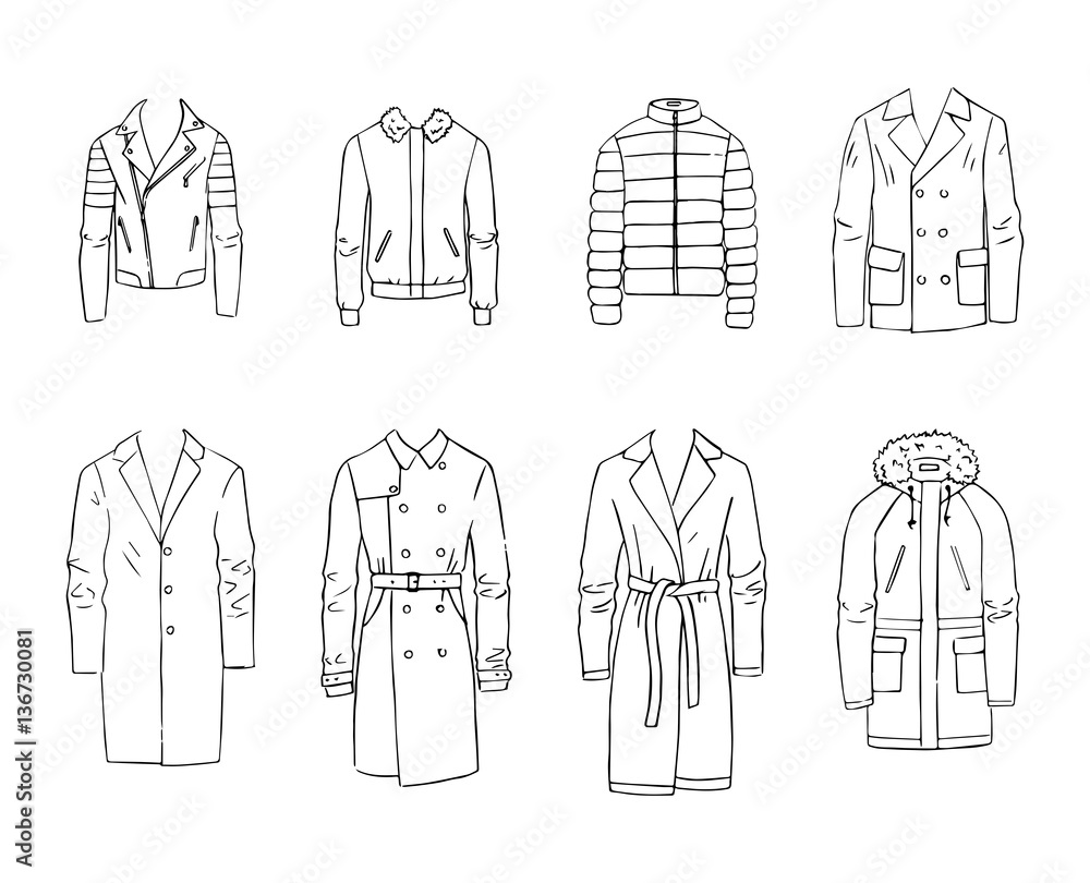 Hand drawn vector clothing set. 8 models of trendy men’s coats and ...