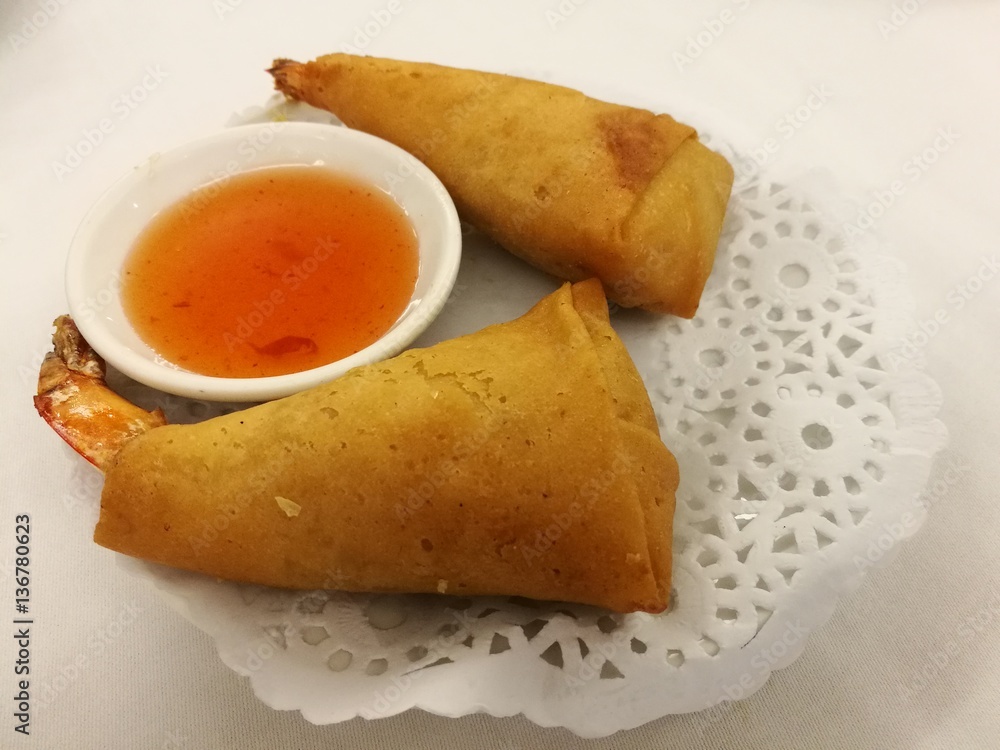 Chinese food in China town, Crispy shrimp deep fried spring roll serve ...