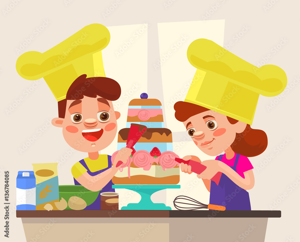 Children character bake cake. Vector flat cartoon illustration Stock ...