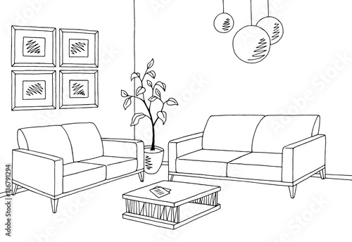 Waiting room graphic black white interior sketch illustration vector ...
