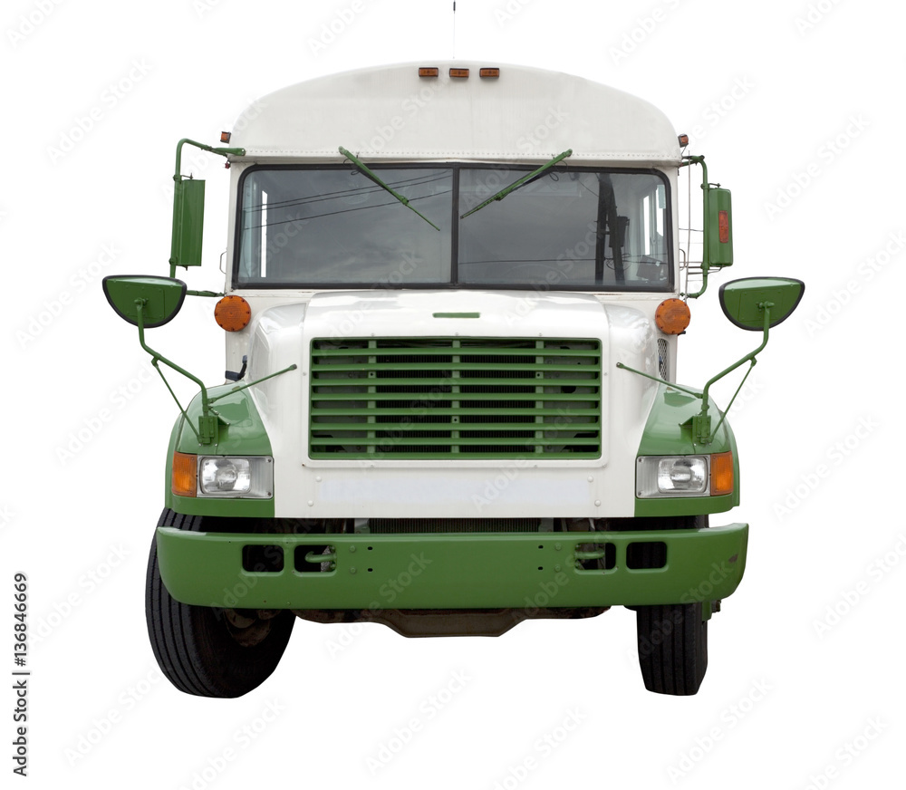 Foto de Stock Front view of repainted and faded vintage school bus ...