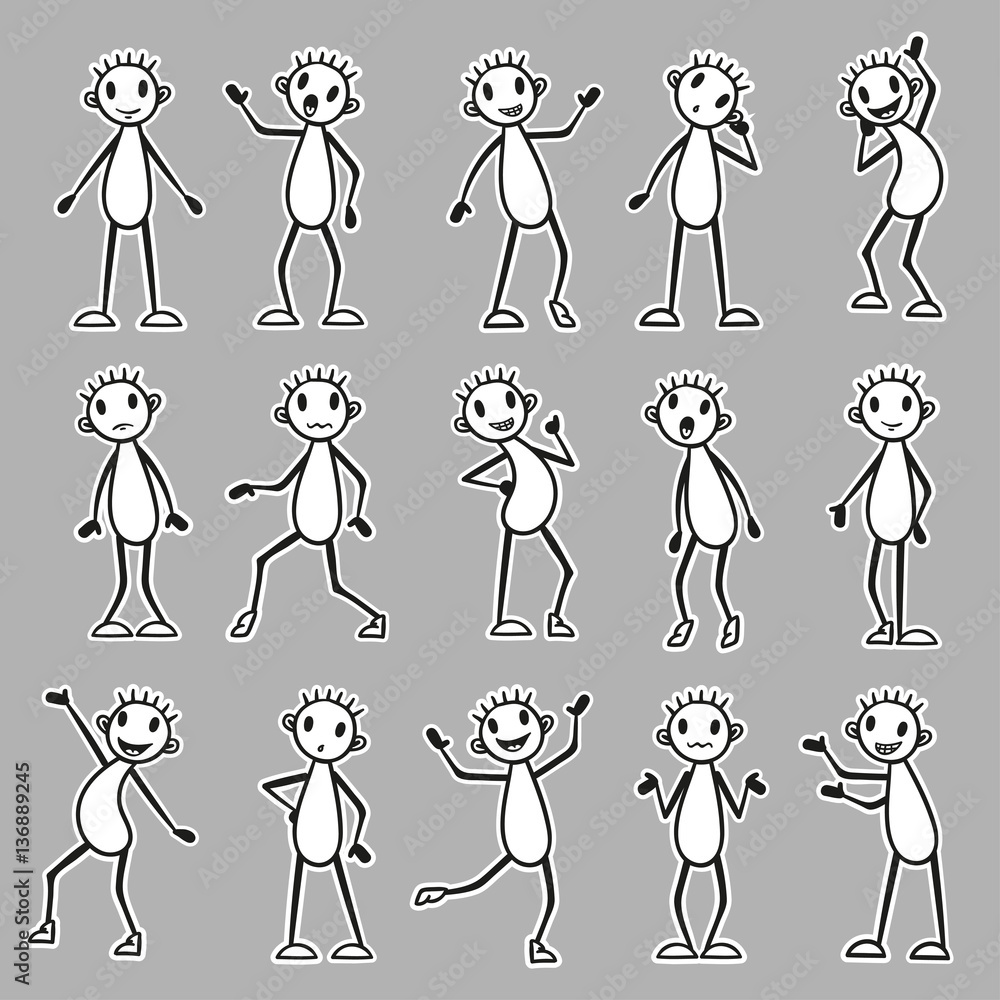 Cartoon set of stick figure man. Vector emotions and poses. Stock ...