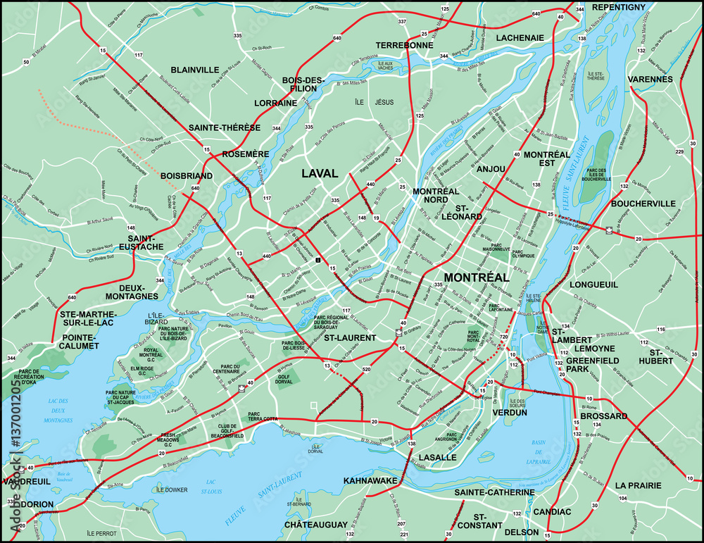 Montreal Area Map with Roads Stock Vector | Adobe Stock