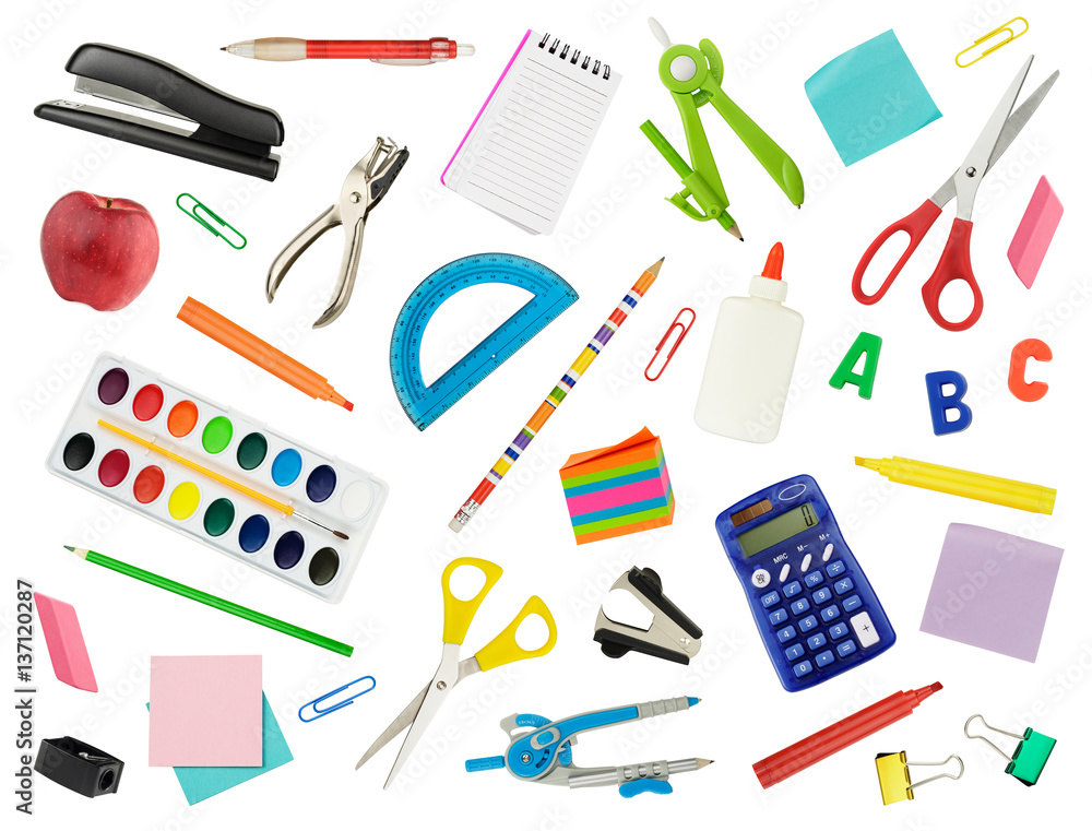 Arrangement of various school supplies, isolated on white. Suitable for ...