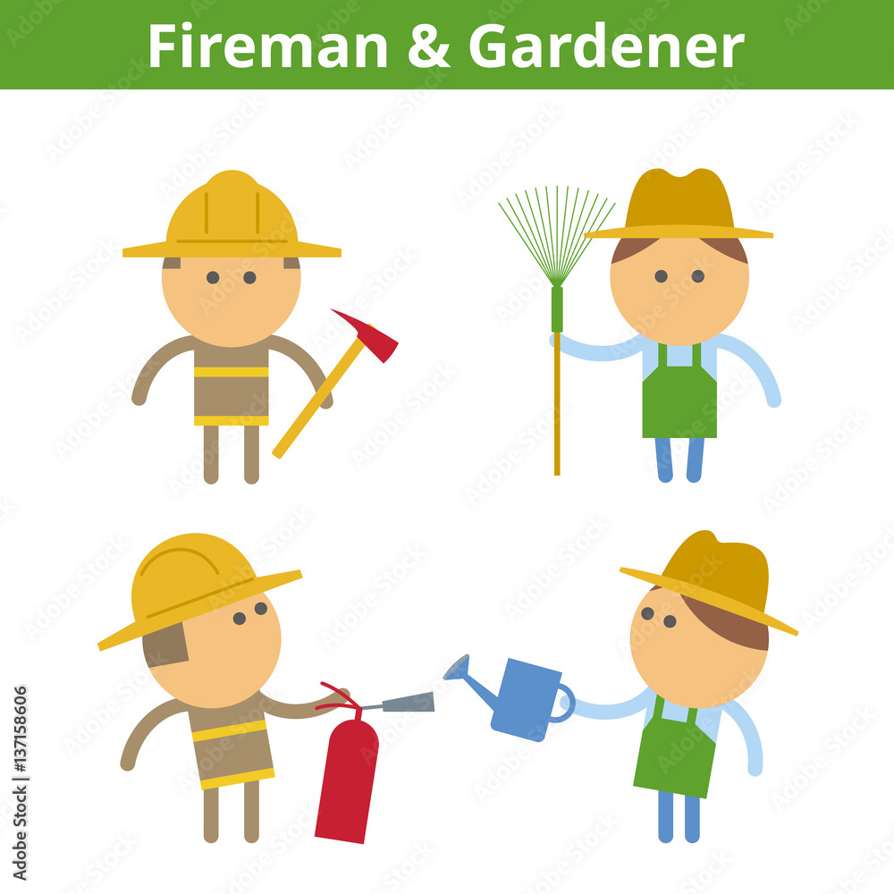Vettoriale stock di Occupations cartoon character set: fireman ...