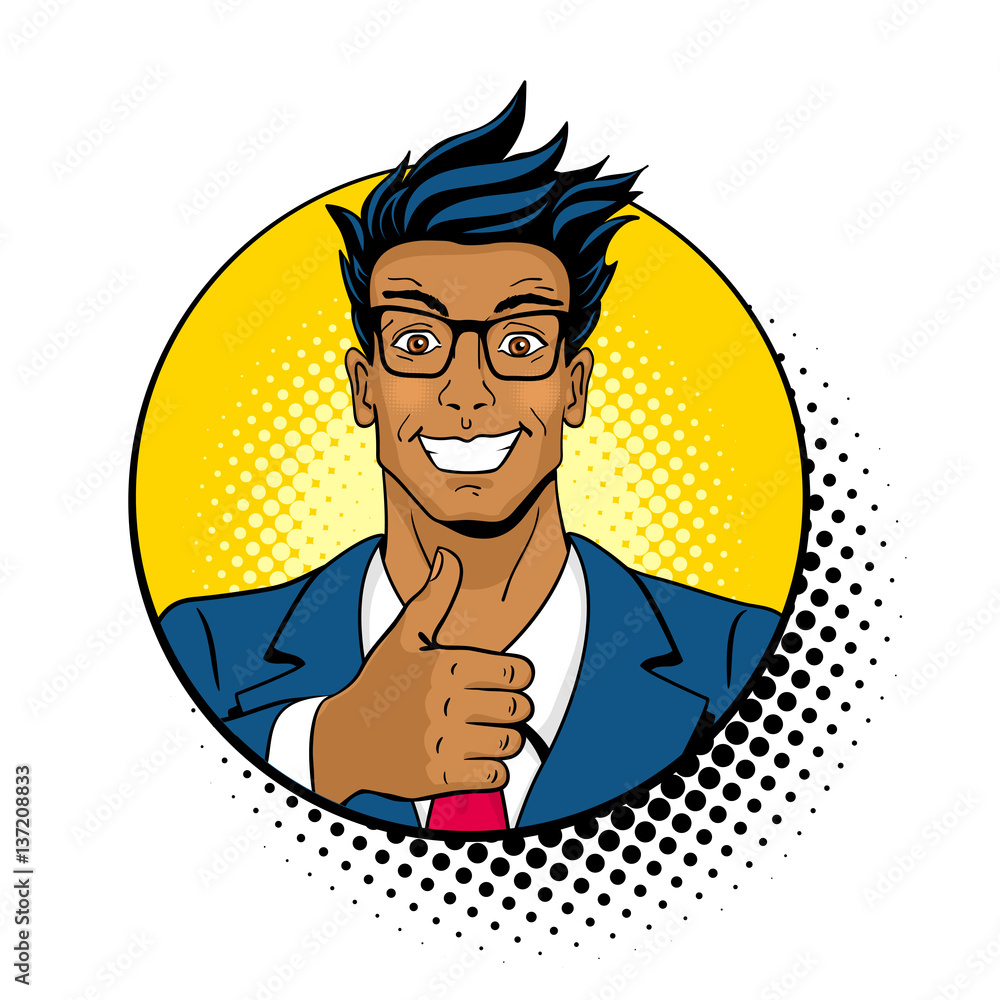Wow pop art face. Young handsome dark skinned surprised man in glasses ...
