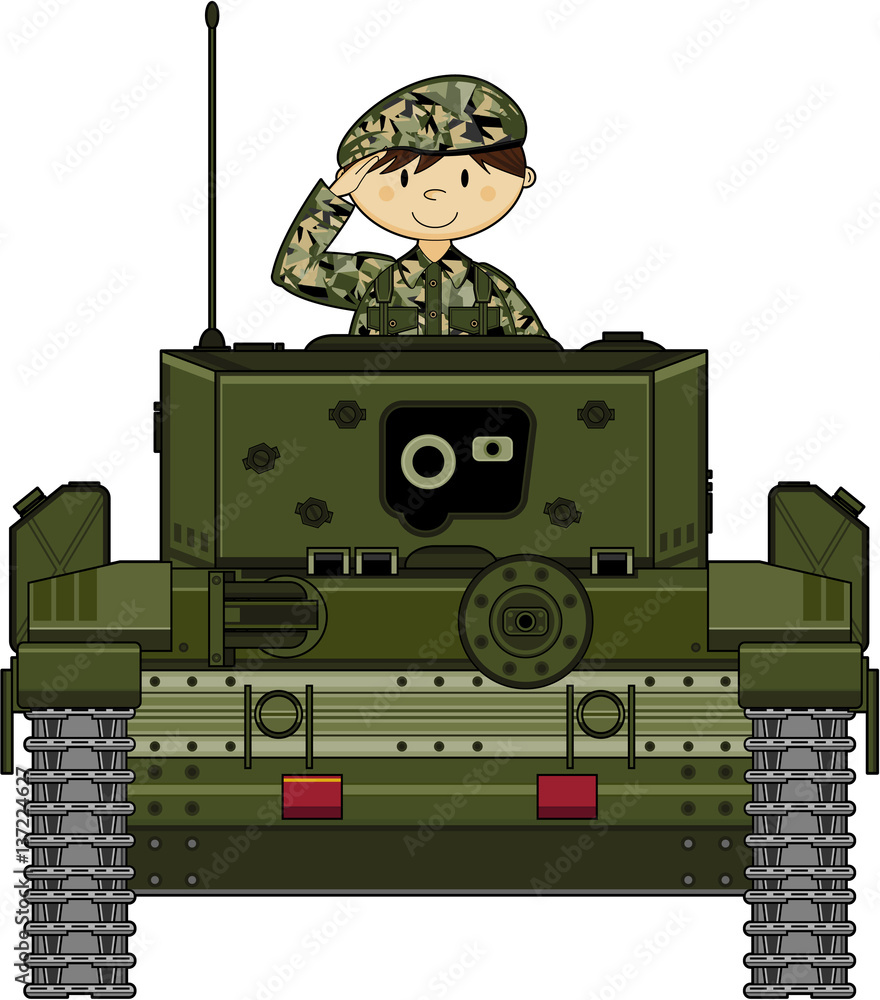 Cute cartoon Army Soldier Saluting in Tank 素材庫向量圖 | Adobe Stock