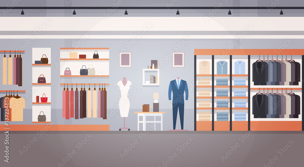 Fashion Shop Interior Clothes Store Banner With Copy Space Flat Vector ...