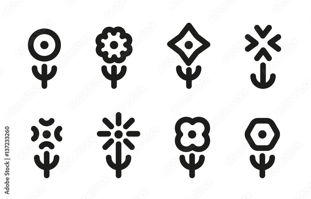 Isolated black and white color simple flat flowers contour in lineart ...