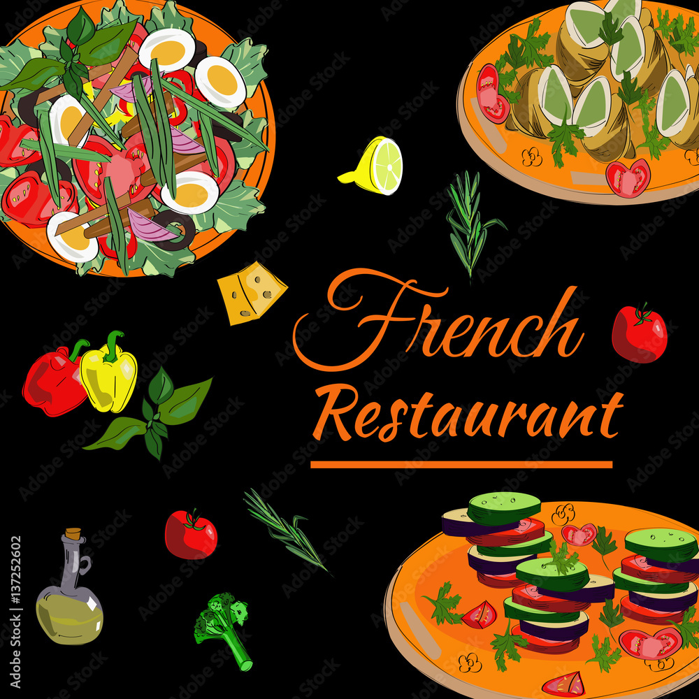 French cuisine top view frame. Food menu design. Vector drawn sketch ...