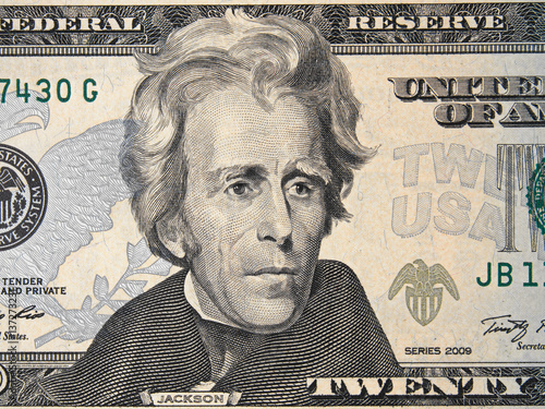 US president Andrew Jackson face on USA twenty dollar bill close up, 20 ...