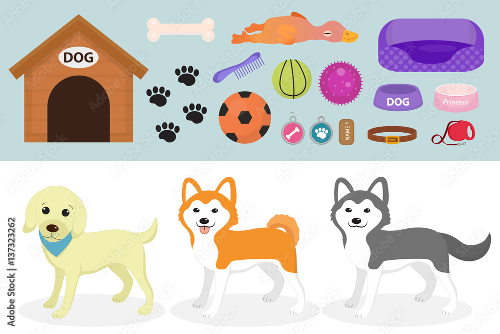 Dogs stuff icon set with accessories for pets, flat style, isolated on ...