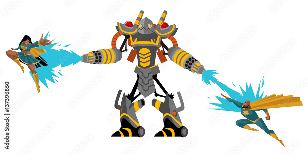 african superhero girl and man fighting flamethrower evil villain robot ...