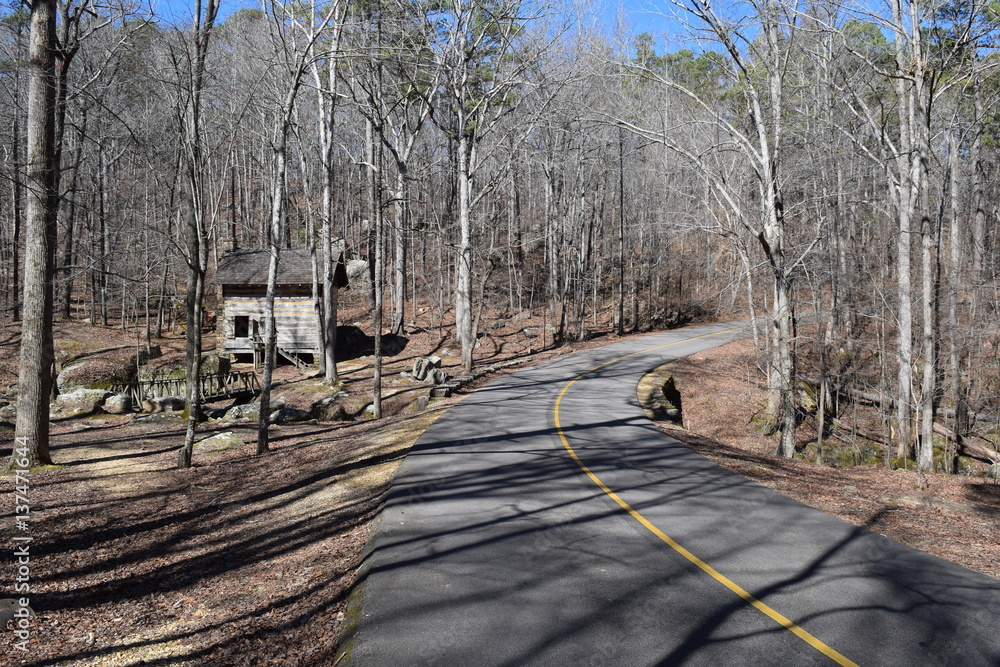 Park road and Pioneer Cabin in Tishomingo State Park Mississippi Stock ...