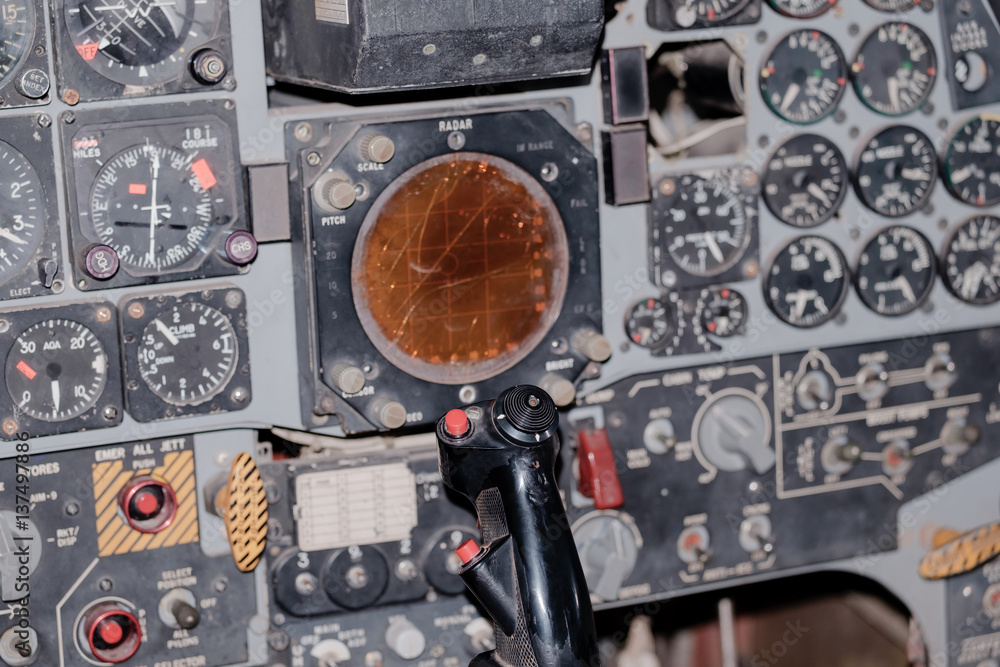 Aircraft cockpit / View of old aircraft cockpit, different meters and ...
