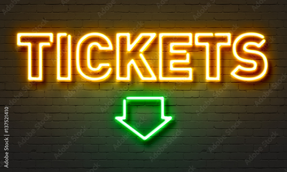 Tickets neon sign on brick wall background. Stock Illustration | Adobe ...