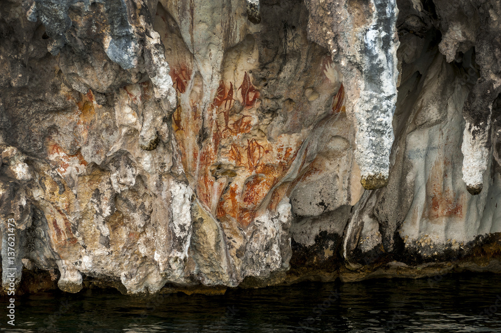 Prehistoric petroglyph rock paintings in Raja Ampat, West Papua ...