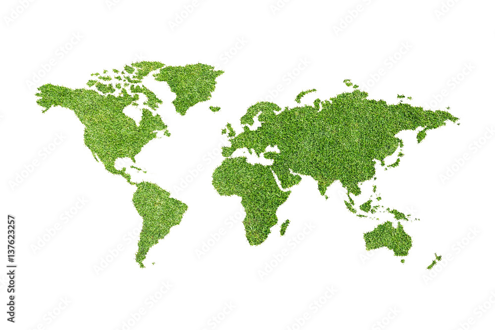 Ecological map of the world in green grass isolated on white background ...