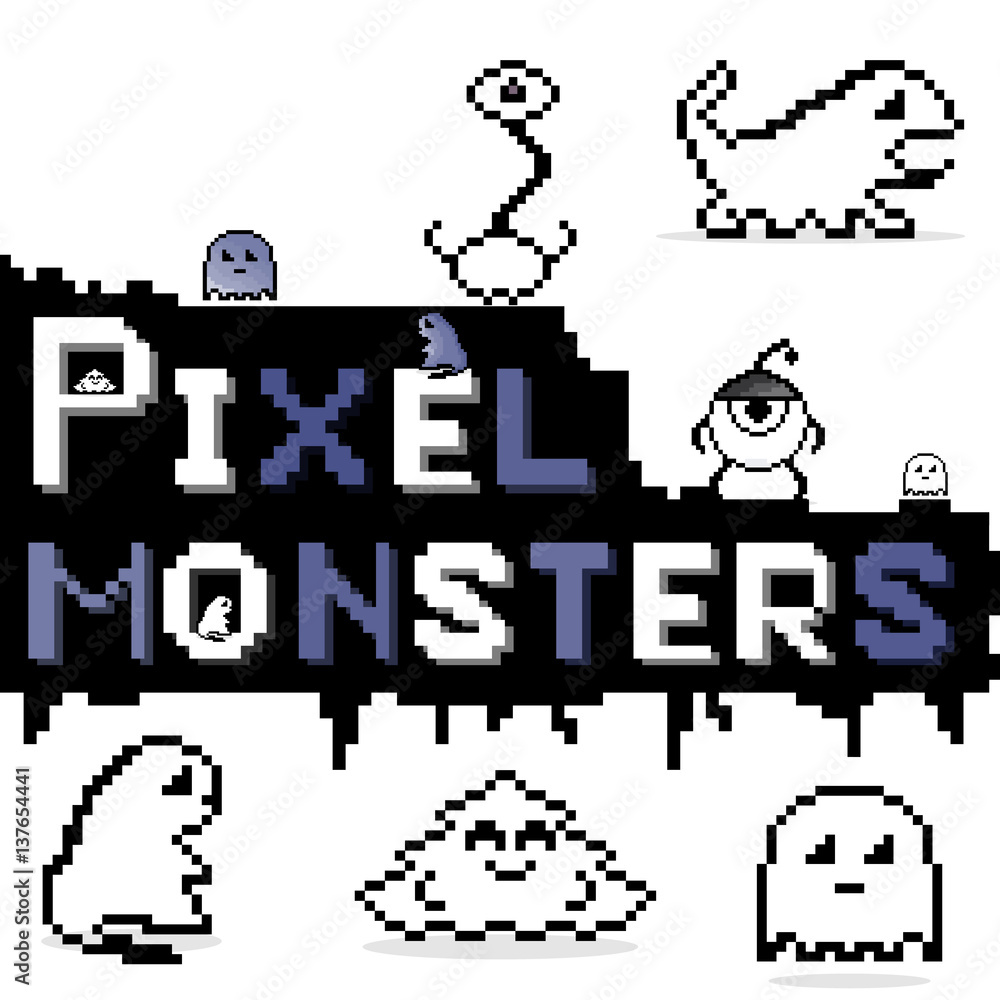 Set of pixel colorful monsters. Vector of funny pixel monsters.Ideal ...