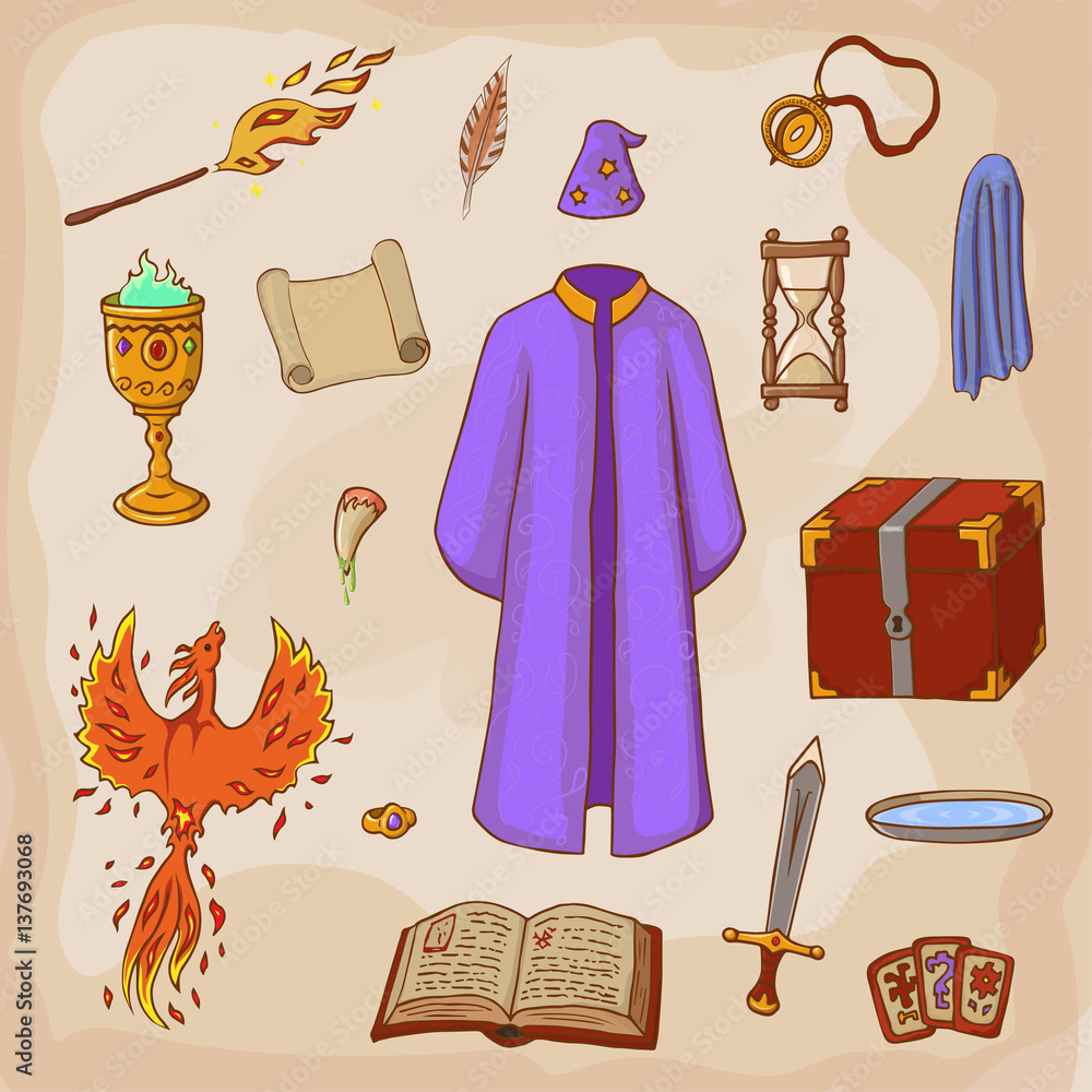 Set to play a wizard. Things magician: mantle, sword, сup, ring, chest ...