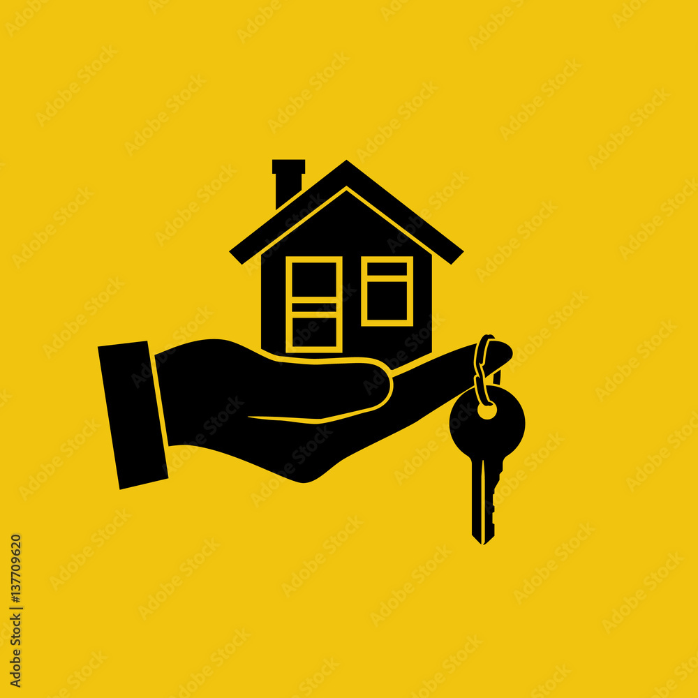 House key in hand icon. Real estate agent holds the key from home ...
