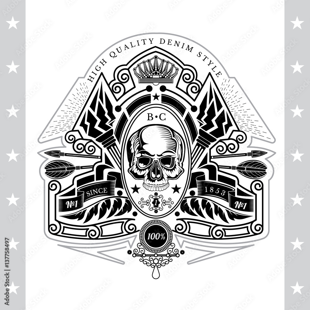 Vector de Stock Skull front view between ribbon, cross arrows and torch ...