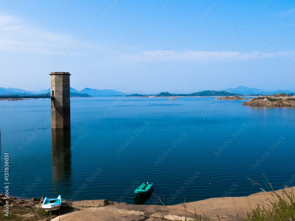 Beautiful Lake Landscape with boats Maintenance Watch Tower bridge in ...