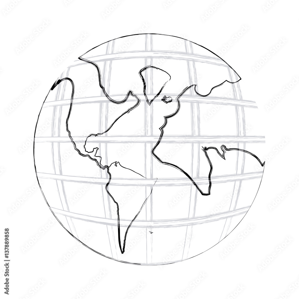 monochrome contour hand drawing of earth world map with continents ...