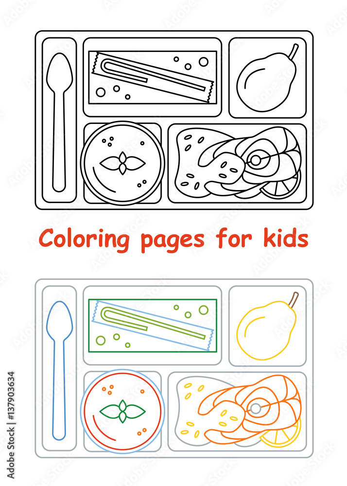 Coloring pages for kids. Lunch tray. Line style. Vector illustration ...