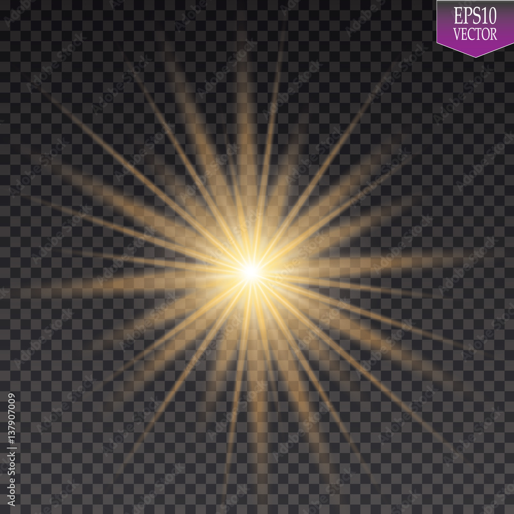 Glow light effect. Starburst with sparkles on transparent background. Vector illustration. Sun ...
