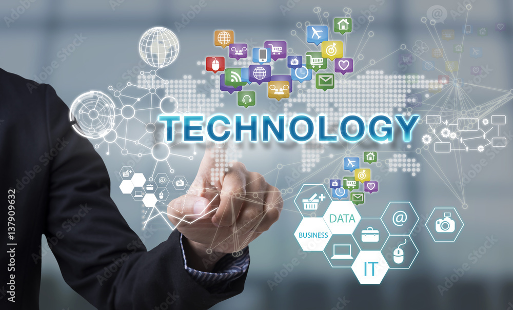 Businessman hand chooses Technology wording on interface screen ...