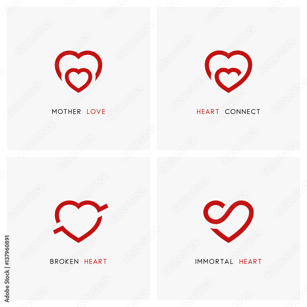 Love vector logo set. Red hearts, mother and child, baby care symbols ...